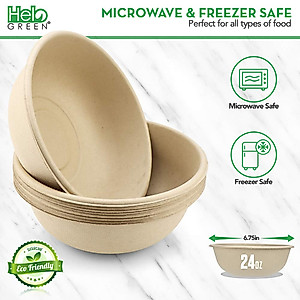 HeloGreen 24 oz. 50 Count 100% Compostable Bowls – Paper Bowls, Eco Friendly Biodegradable, Disposable Bowls, Hot Soup and Cold Food, Heavy-Duty Quality, Natural, Made of Bagasse Sugar Cane Fibers