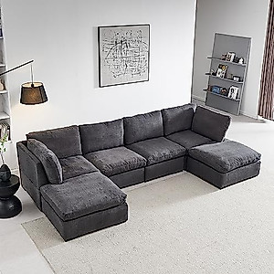Free Combination Modular Sectional Sofa with Movable Ottoman, U Shaped Down Filled Upholstery Corner Couch with Pillow Backs, Comfy Convertible Cloud Sofa&Couch Bed for Living Room Furniture Sets