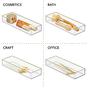 mDesign Slim Plastic Drawer Organizer, Storage Container for Cosmetics, Makeup, and Accessories on Bathroom Vanity, Countertop, or Cabinet - Lumiere Collection - 3 Pack - Clear/Soft Brass
