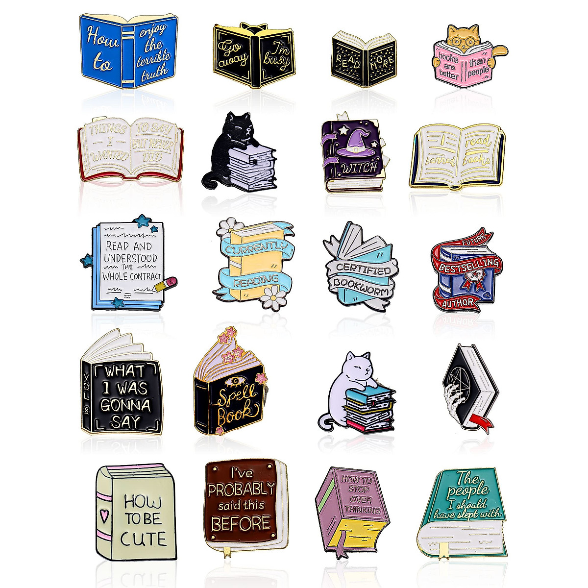 Kajaia 20 Pcs Book Pins Book Lover Gifts Cat Cartoon Cute Brooch Bookish Pin Halloween Christmas Gifts Decorative Lapel Pin Aesthetic Pin for Women Backpack Clothing Bag Jackets