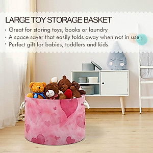 ALAZA Large Storage Basket for Toys Valentine's Day Red Heart Round Blanket Basket Laundry Hamper Canvas Organizer Bin Box Cotton Rope Collapsible Bucket Pillow Home Decor