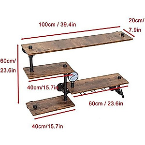 HEONITURE Bar Shelf Industrial Pipe Shelving 4 Stem Glass Holder,39in Floating Wine Rack Wall Mounted Shelves,Hanging Liquor Shelves,Display Rack Home Bar Living Room Black 7.87Dx7.87Wx23.6H''