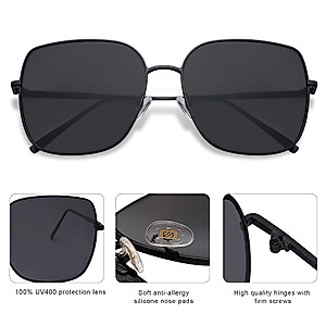 SOJOS Trendy Oversized Square Metal Frame Sunglasses for Women Men Retro Big Flat Lens UV Protection Sunglasses SJ1146, Black Frame/Grey Lens