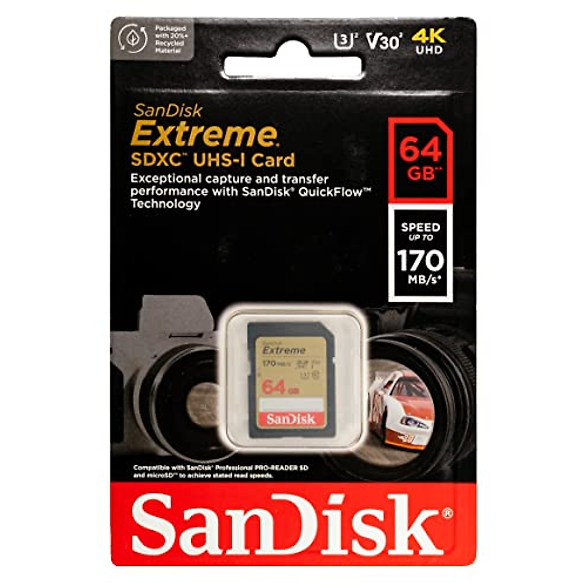 SanDisk 64GB Extreme Memory Card works with Canon EOS Rebel SL2, T6, T6i, T5i EF-S, EOS 80D, Powershot Camera SDXC 4K V30 UHS-I (SDSDXVE-064G-GNCIN) with Everything But Stromboli Combo Reader