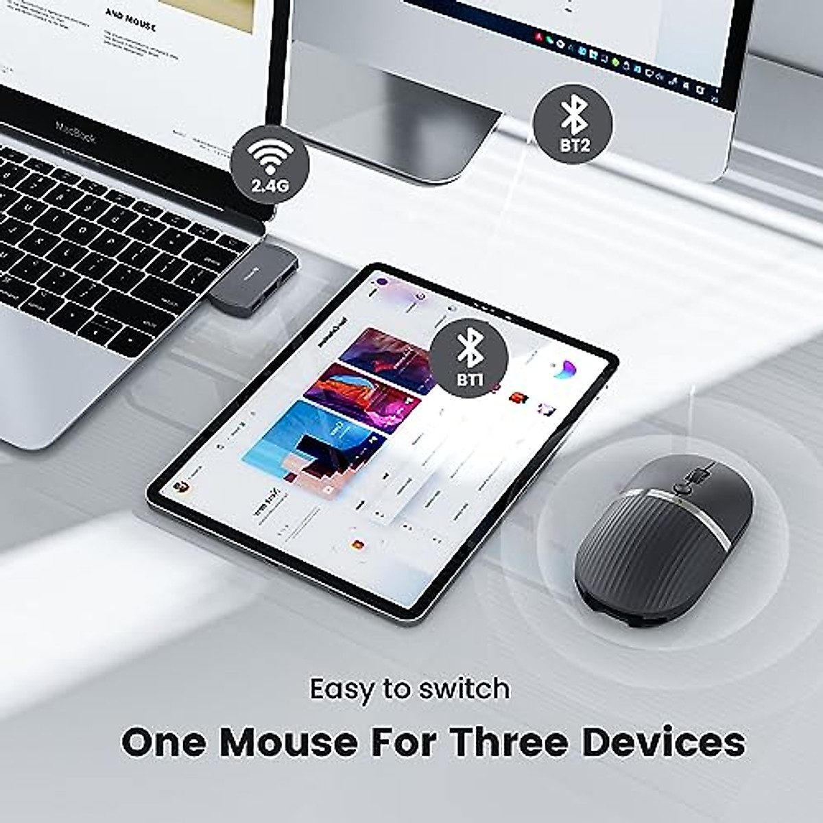 ProtoArc USB C Wireless Bluetooth Mouse, Multi-Device HubMouse for Business and Travel with Type C Hub Portable Silent Rechargeable Laptop Mouse for iPad, Tablet, MacBook, Surface Pro-Dark Gray