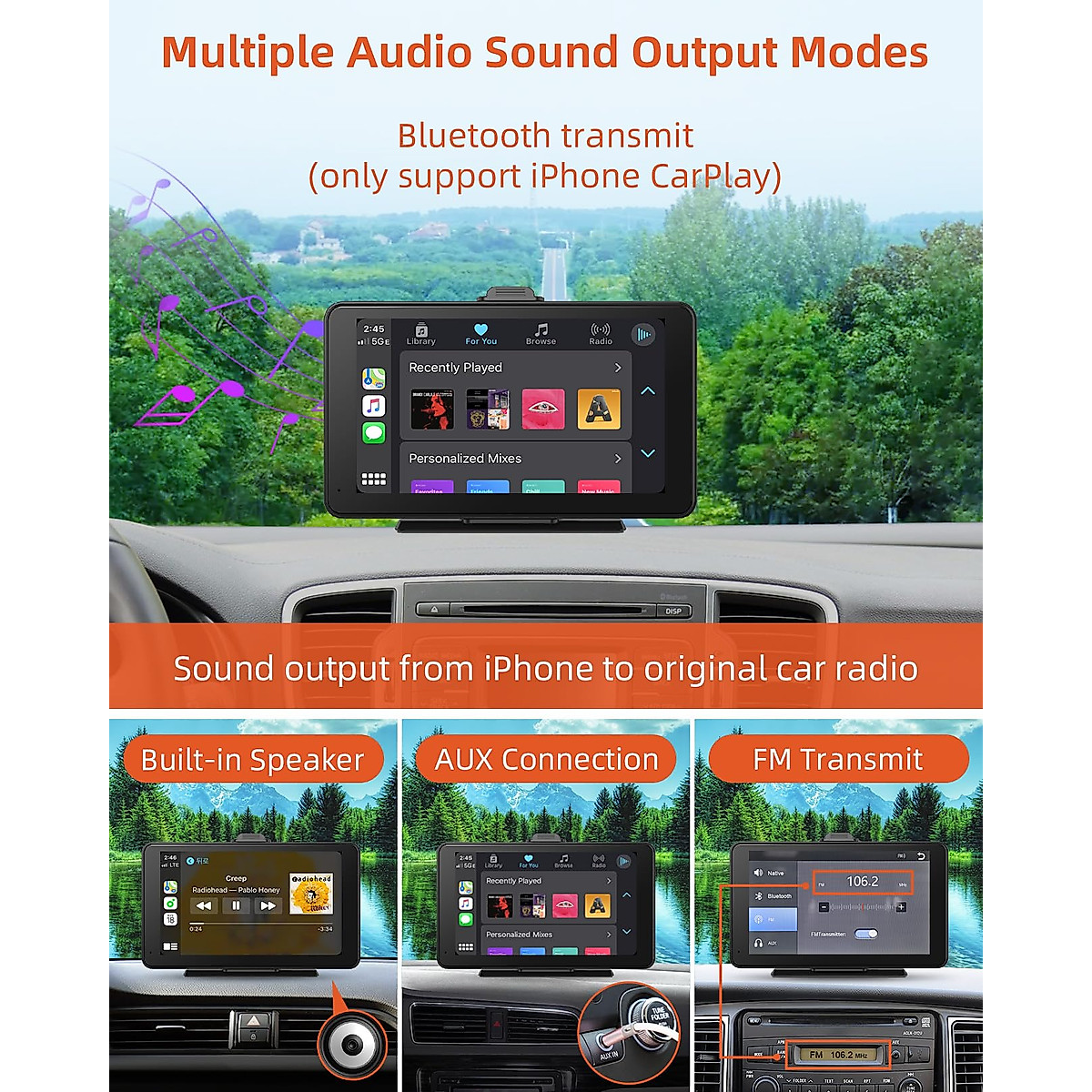 cogamichi Portable Car Stereo with Apple Carplay&Android Auto, 7 Inch HD IPS Touch Carplay Screen for Car Plug in, Wireless Carplay Dash Mount with Bluetooth, GPS Navigation, Mirror Link, Siri Voice