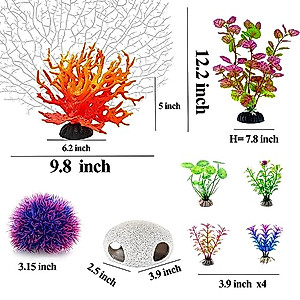 Grddaef Aquarium Plant Kits, Artificial Fish Tank Plastic & Resin Plants and Cave Rock Decorations Decor White Fake Coral Plants Set 9 Units