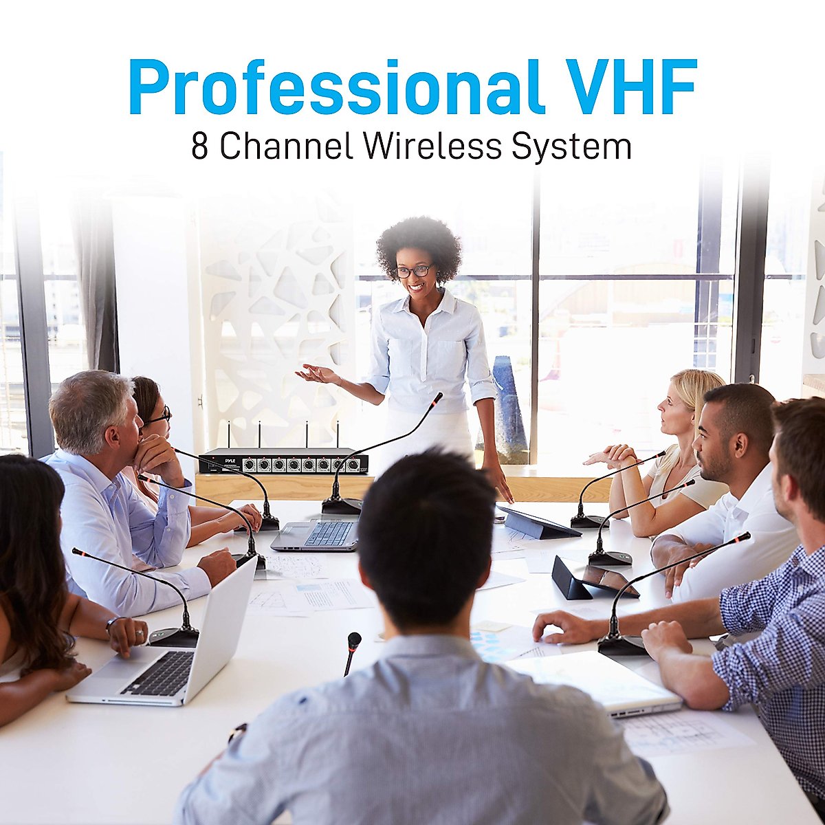 Pyle 8 Channel Wireless Microphone System - Portable VHF Cordless Audio Mic Set with 1/4" and XLR Output, Dual Antenna, - Includes 8 Table Top Mics, Rack Mountable Receiver Base - Pyle PDWM8300,Black