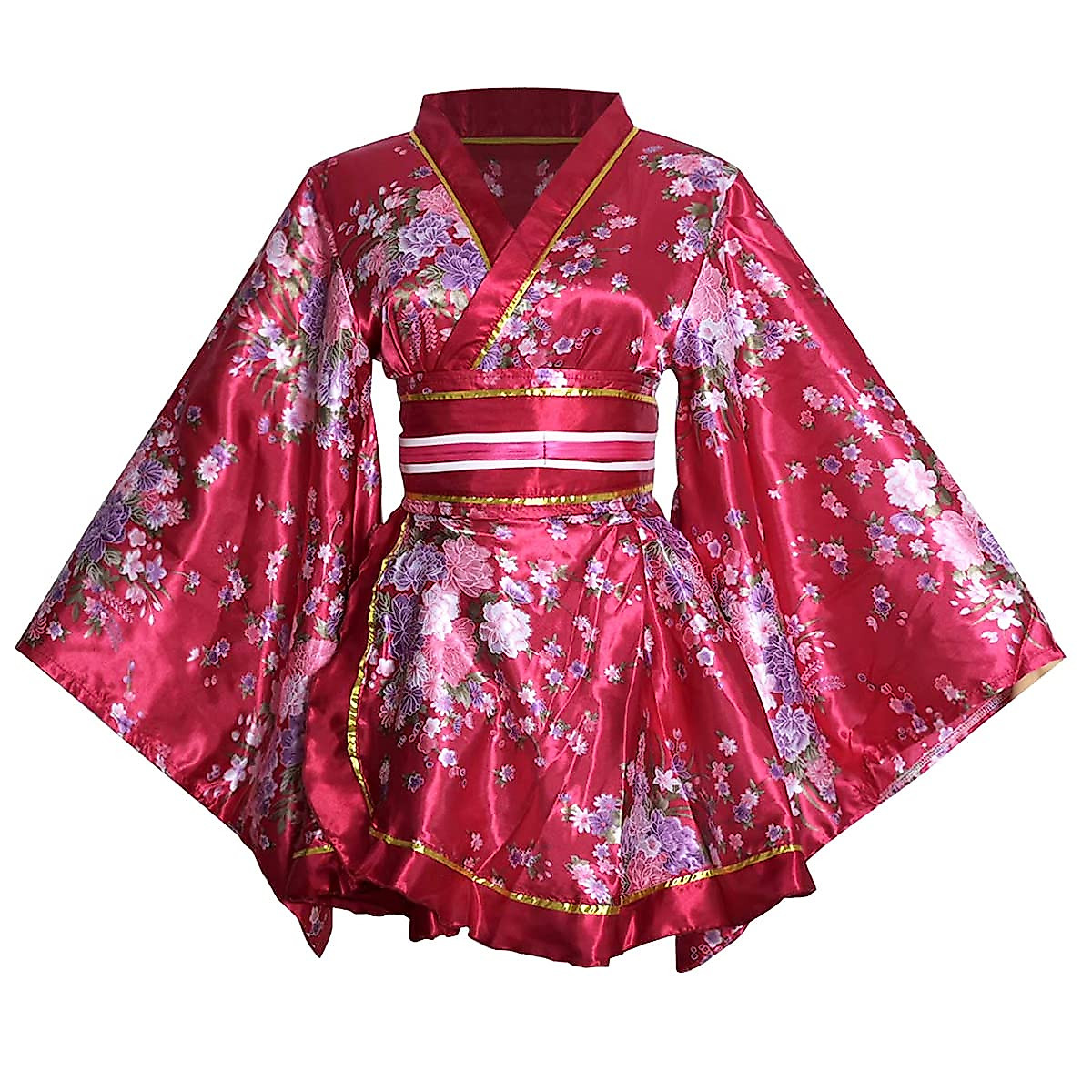 Women's Short Kimono Dress Floral Print Japanese Traditional Sexy Geisha Robe Bathrobe Skirt Belt Outfit
