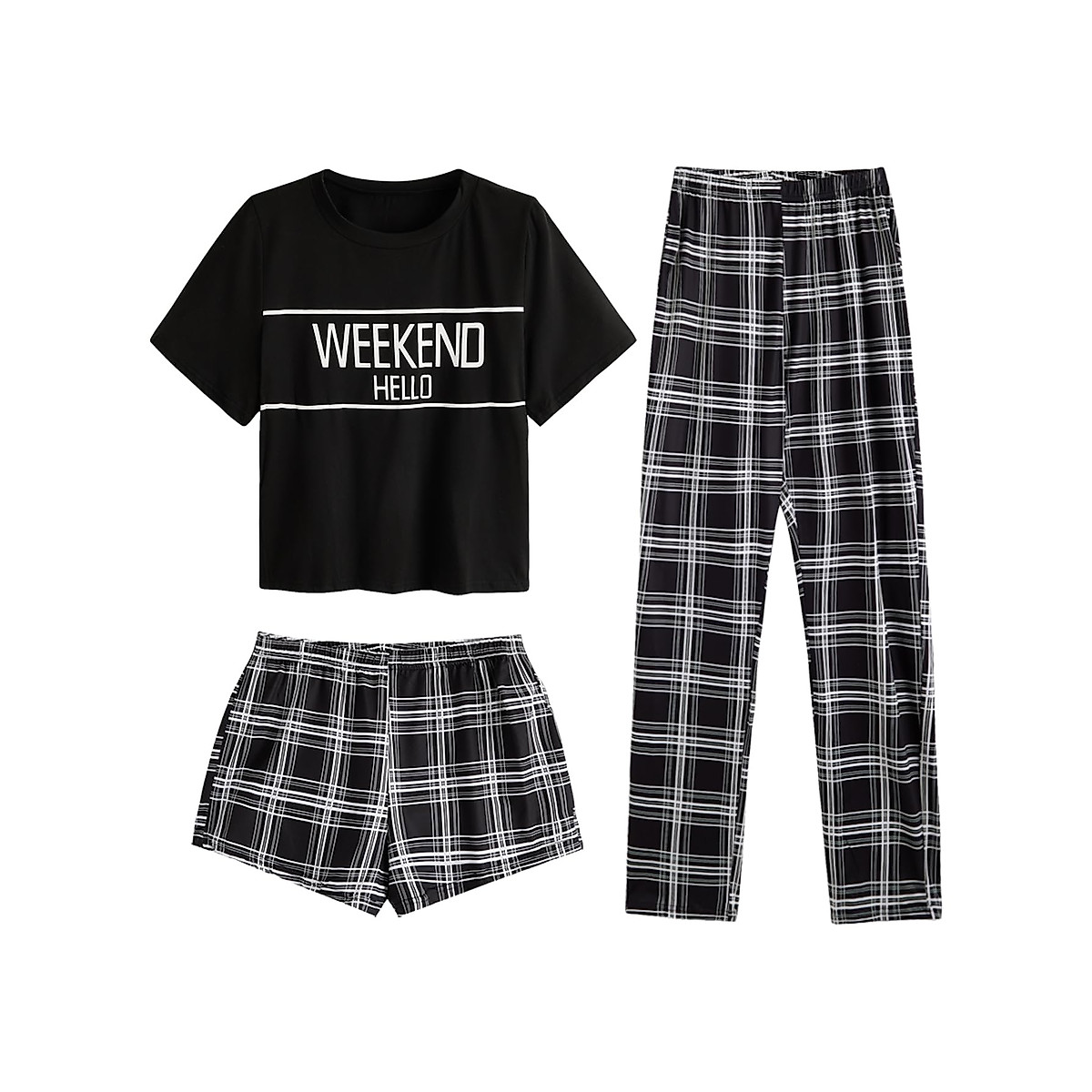 Verdusa Women's 3 Piece Plaid Print Pajama Sets Tee Top and Shorts Pants Pj Set Black L