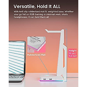 IFYOO RGB Gaming Headset Stand with 2 USB Ports, Game Headphone Mount for PC, Xbox One, PS4, Switch, Earphone Holder Hanger, Great for Gaming Stations, Fancy Desk Gamer Accessories, White