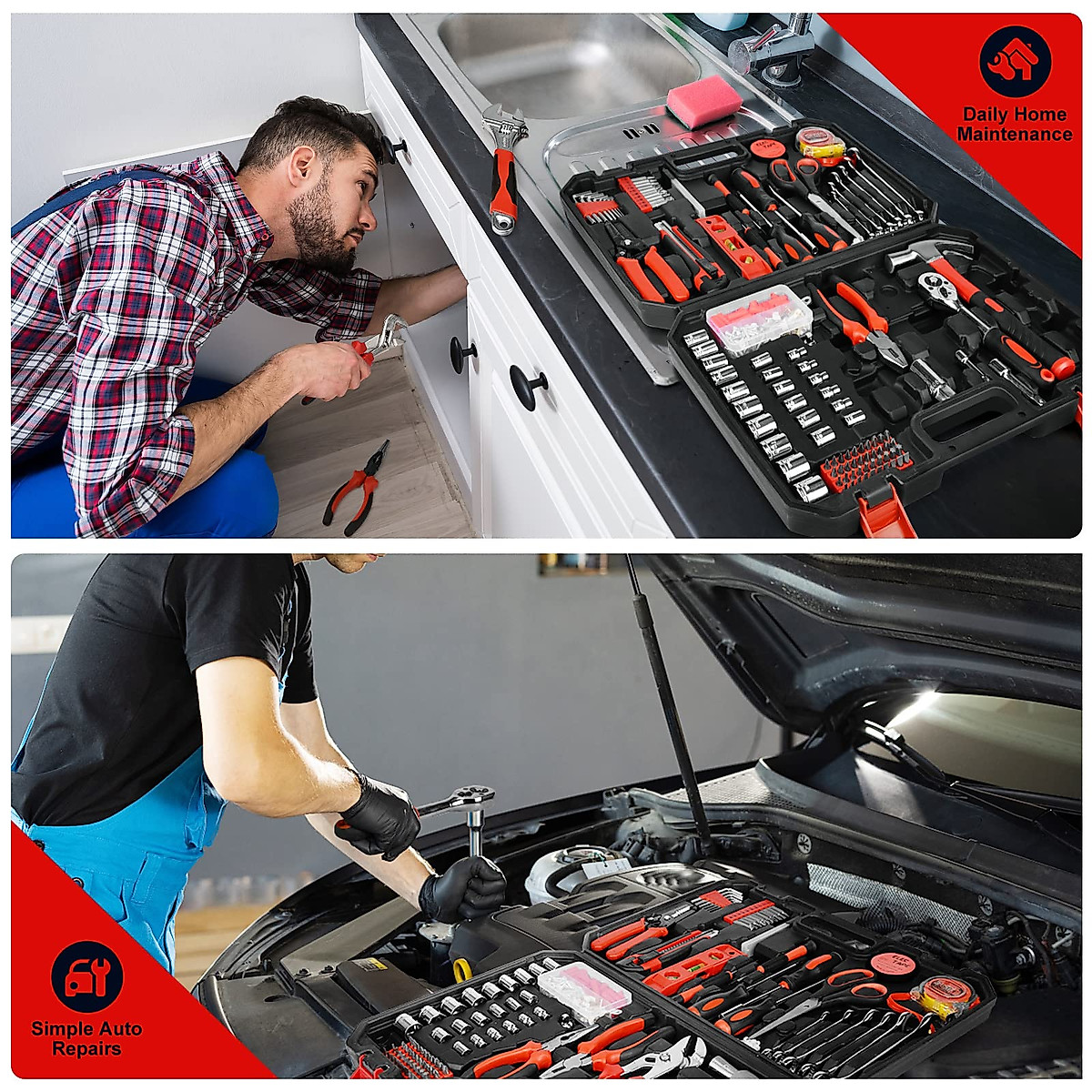 GoYwato Home Tool Kit 287PCs - Complete Repair General Hand Tool Set for Men Women - Household Tool Kit for Home Improvement with Hammer & Pliers Set & Ratchet Wrench & Socket & Portable Tool Box Case