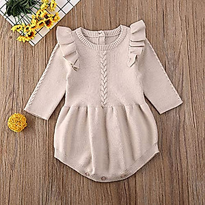 Merqwadd Infant Toddler Baby Girl Warm Romper Solid Longsleeve Knit Sweater Winter Rompers (Knitted Romper-Apricot, 6-12 Months)