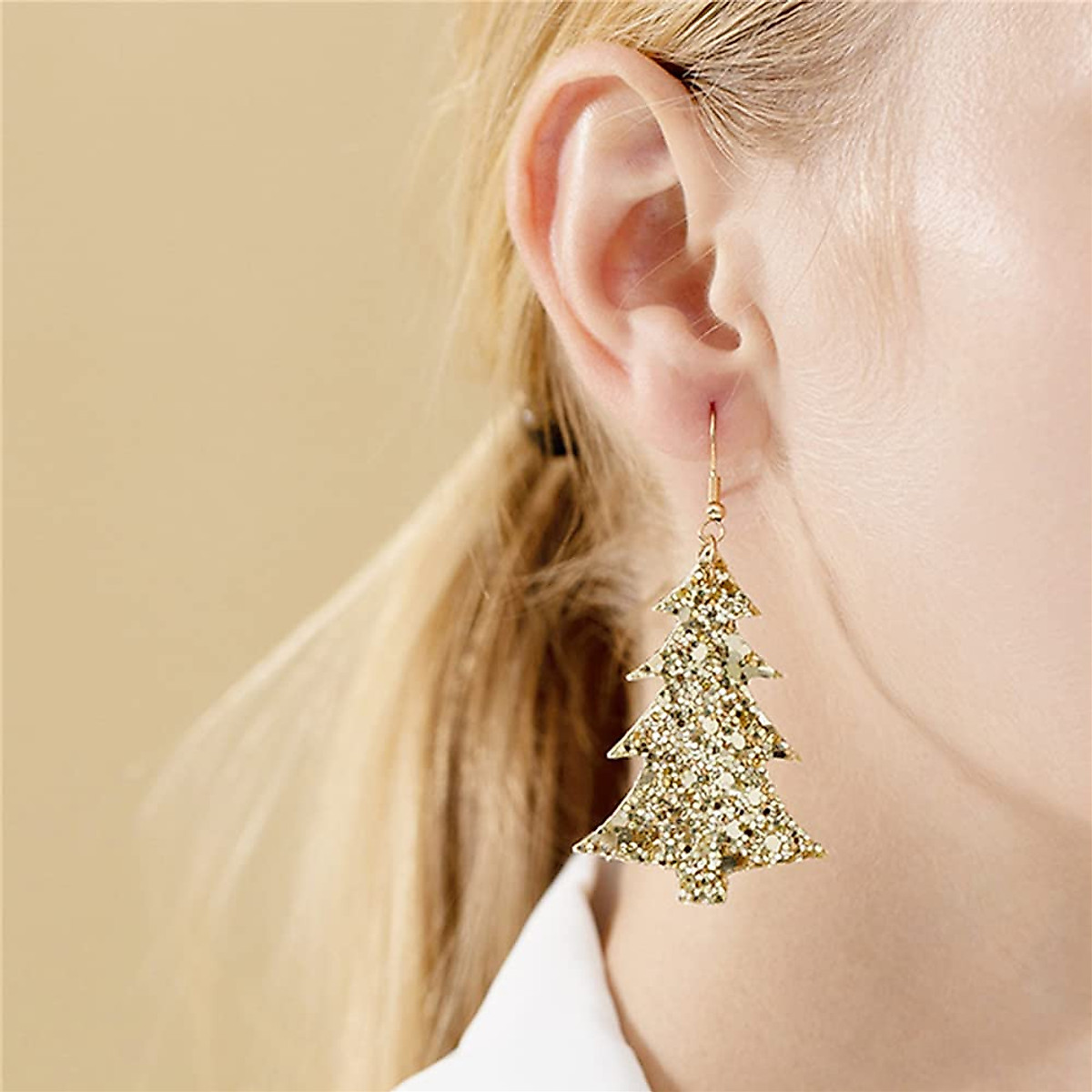 Lightweight Christmas Tree Faux Leather Sequins Dangle Earrings Glitter three-layer splicing sequin PU Earrings for Women Gift (Gold Christmas Tree Earrings)