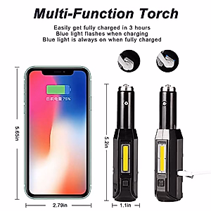 YXQUA USB Rechargeable Flashlight Car Flashlight, 9-in-1 Emergency Auto Tool with Window Breaker & Seat Belt Cutter, Magnetic Work Light, 6 Lighting Modes for Car Camping Emergency(4.9 inches)