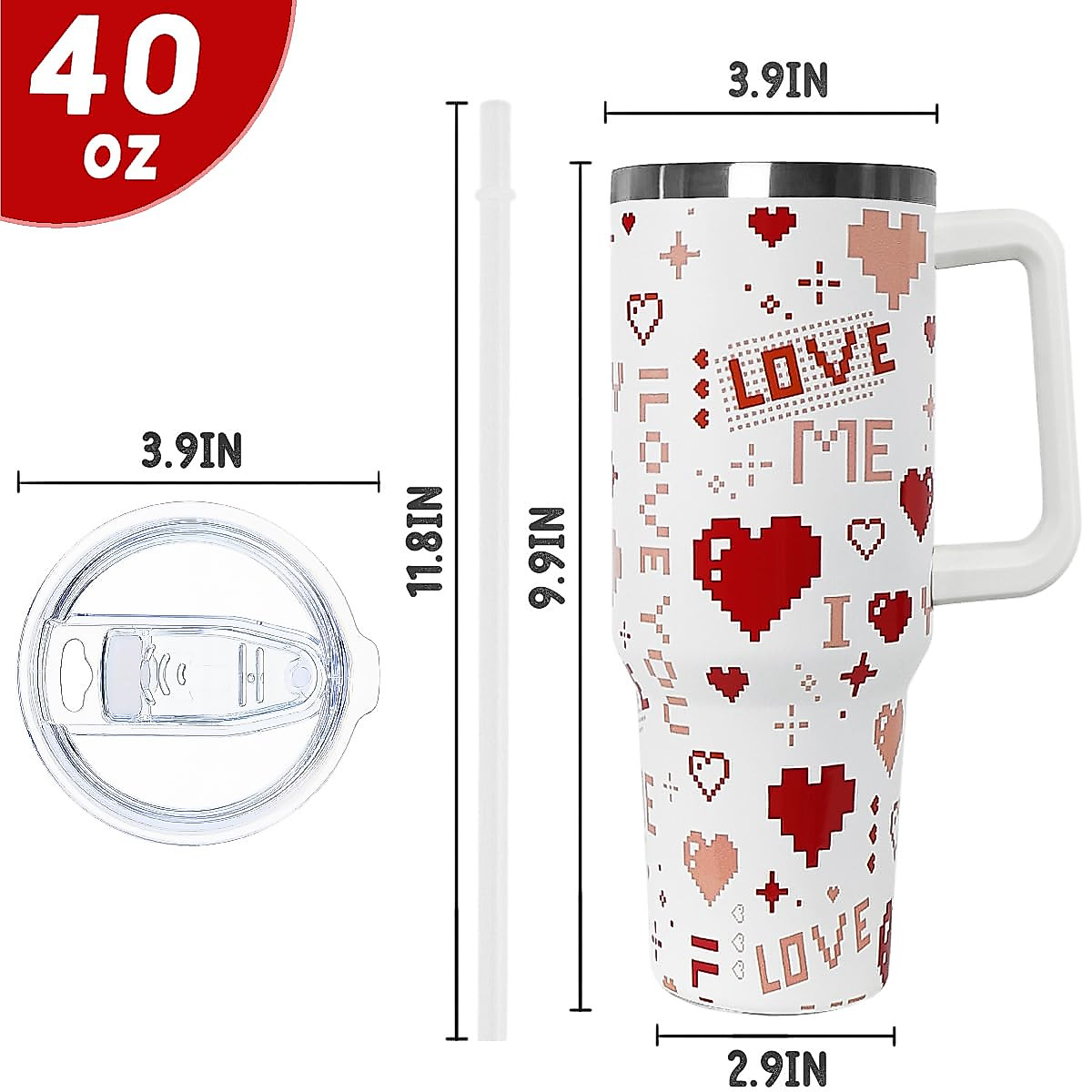 Nqhsionv Valentines Tumbler with Handle 40 oz 5D Pixel Style Love Hearts Coffee Travel Mug Stainless Steel Insulated Cup Valentines Anniversary Wedding Birthday Gifts for Women