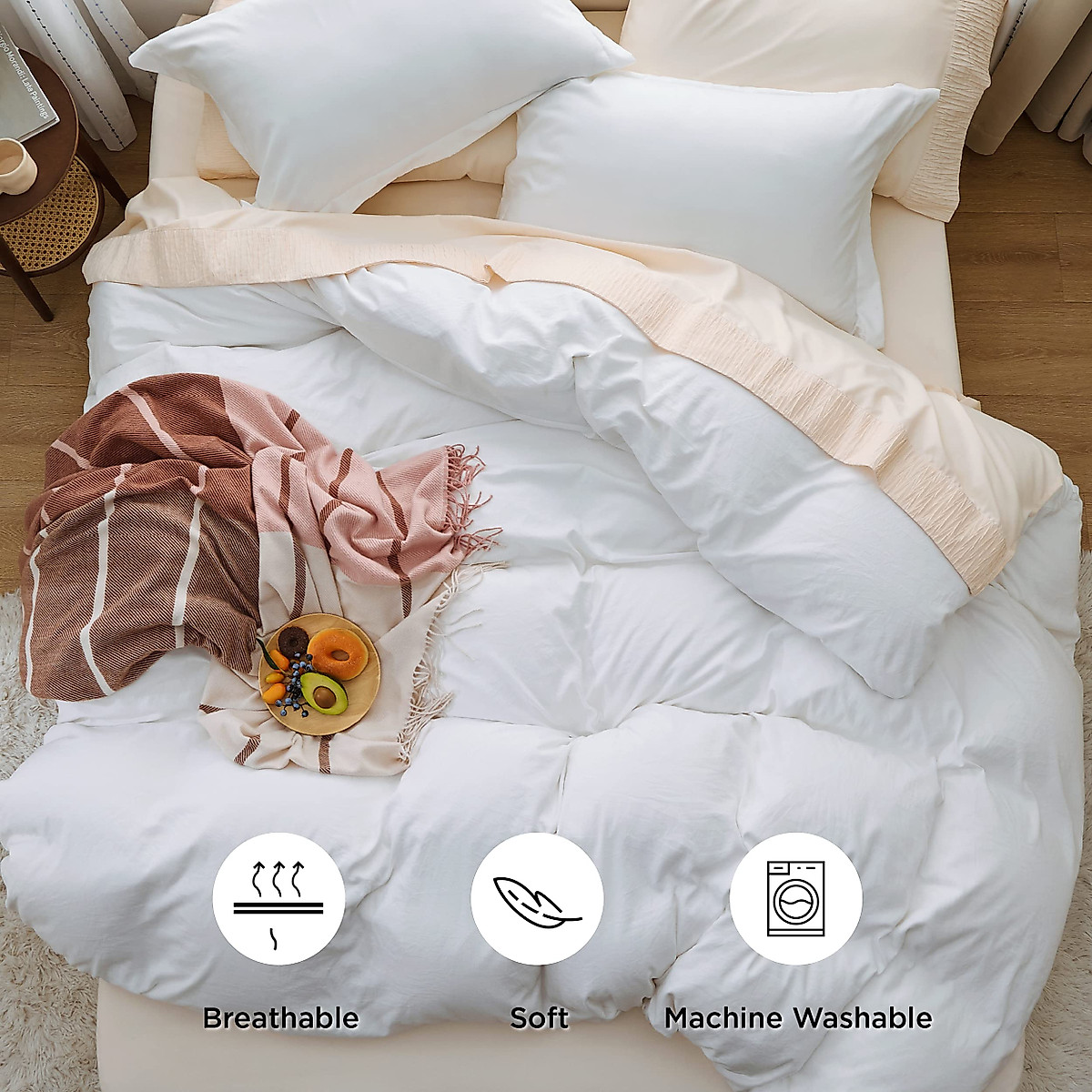 BEDSURE White Duvet Cover Queen Size - Soft Prewashed Queen Duvet Cover Set, 3 Pieces, 1 Duvet Cover 90x90 Inches with Zipper Closure and 2 Pillow Shams