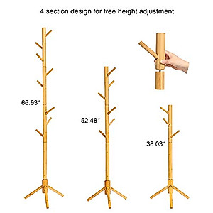 C&AHOME Bamboo Coat Rack Stand with 8 Hooks, Wooden Coat Tree Adjustable Sizes, Entryway Hall Tree Free Standing Coat Hanger Stand for Hat, Bag, Clothes, Jacket, Natural