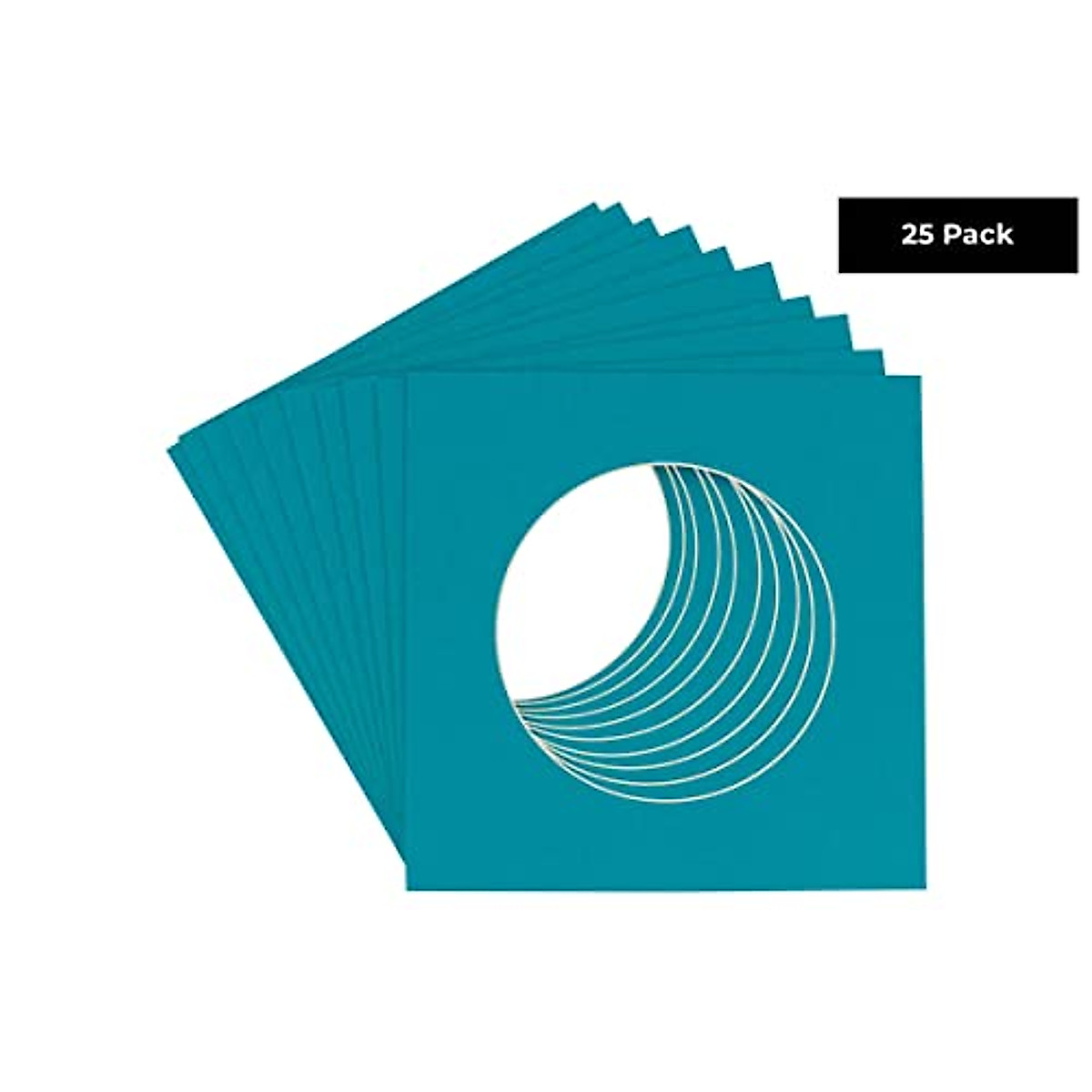 13x13 Mat Bevel Cut for 9x9 Photos - Precut Teal Blue Circle Shaped Photo Mat Board Opening - Acid Free Matte to Protect Your Pictures - Bevel Cut for Family Photos, Pack of 25 Matboards Show Kits
