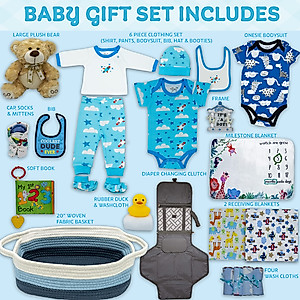Bundle of Joy Deluxe Baby Boy Gift Set, Baby Layette Set with 25-Piece New Baby Essentials, Baby Gift Basket for Expecting Moms, Blue - Nikki’s Gift Baskets