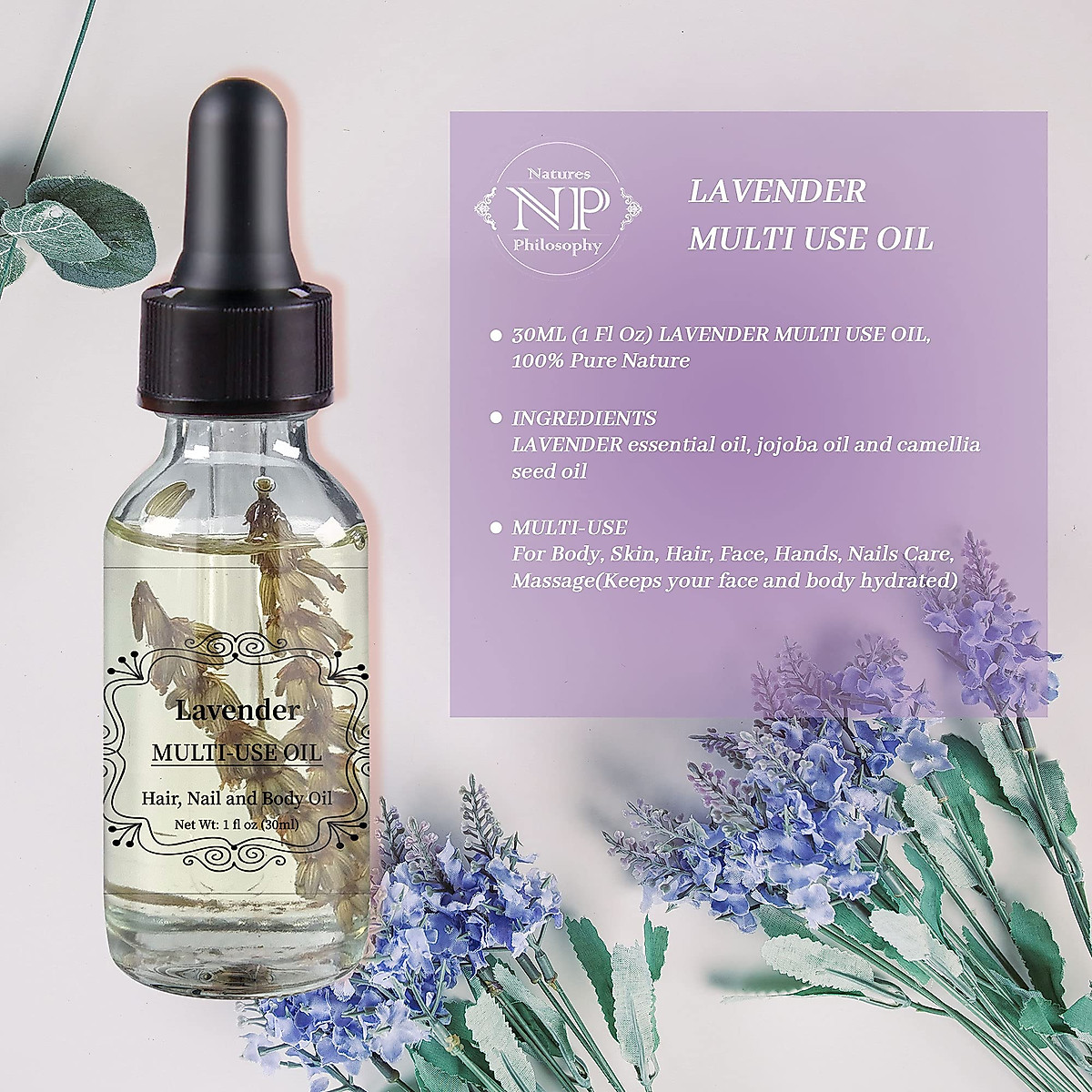NP NATURES PHILOSOPHY Lavender Multi-Use Oil for Face, Body and Hair - Organic Plant Fragrant Essential Oil for Dry Skin, Scalp and Nails - 1 Fl Oz