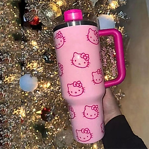 Generic Insulated Tumbler, 1 Sets 40 oz Tumbler with Handle and Straw Lid, Insulated Cup Reusable Stainless Steel Water Bottle Mug Cups,40 Oz Tumbler with Handle, Pink Kitty (Pink)