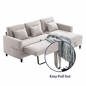 ZAFLY Folding Sofa Bed, Convertible Sectional Sleeper Sofa with Storage Chaise, 91 Inch Pull Out Couch, L-Shape Sofa Couch, Linen Upholstered 2 in 1 Sofa Bed for Living Room Office Apartment - Beige