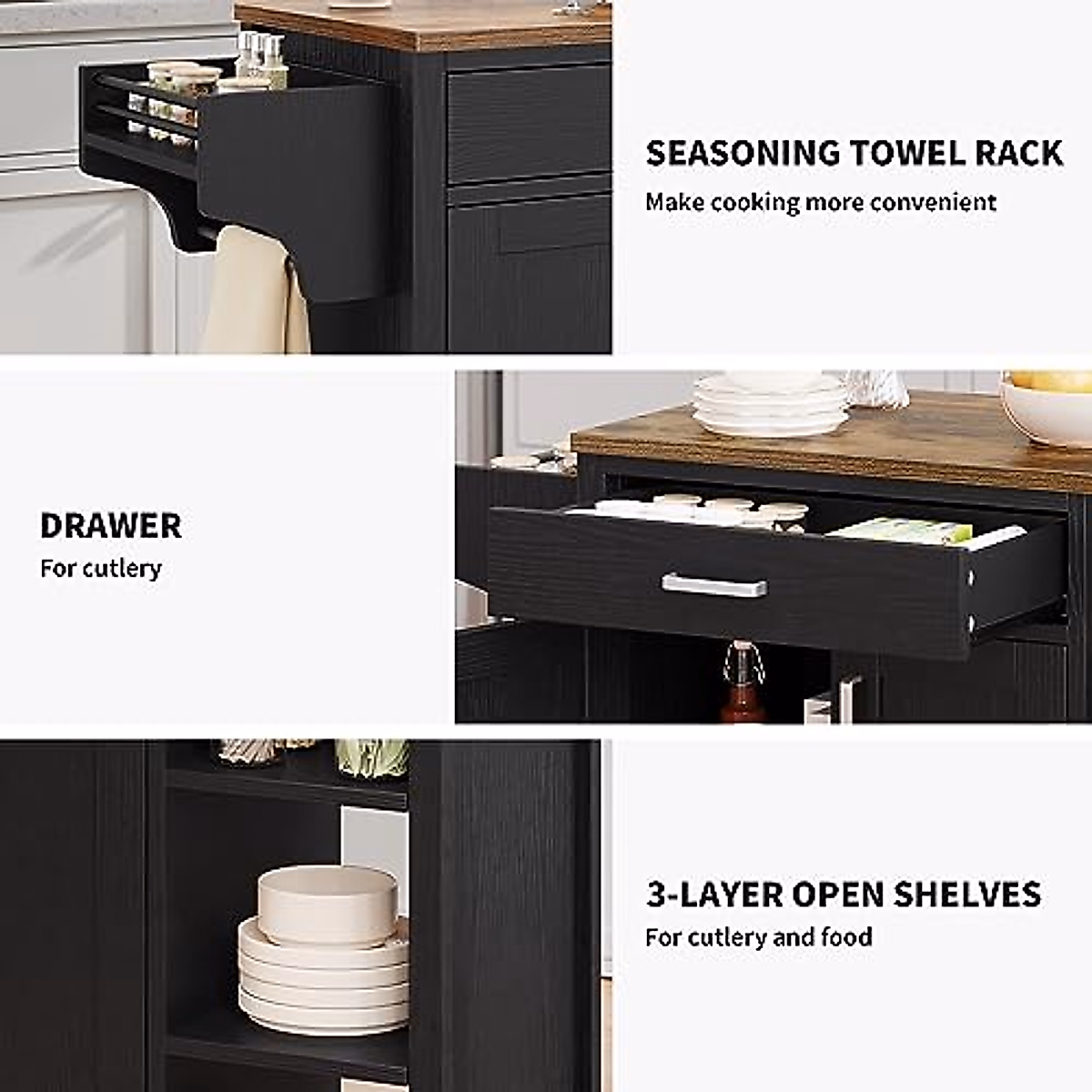 YITAHOME Rolling Kitchen Island Cart on Wheels with Storage, Drawer, Open Shelves, Spice/Towel Rack, Multi-Functional 2 Doors Kitchen Table Island for Dining Room, 42.5” Wide Black