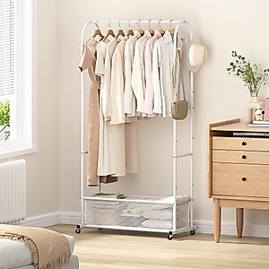 MOYIPIN Double Rods Clothing Rack with Wheels,Clothing Rack for Hanging Clothes Coat Scarves Bags,Multi-functional Bedroom Garment Rack,4 Hooks,White