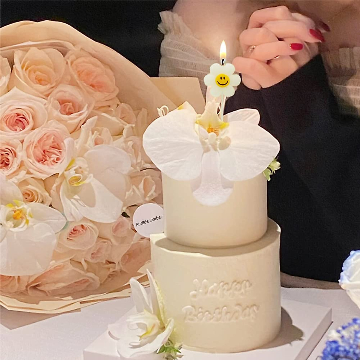 5 PCS White Flower Shaped with Smiling Face Birthday Candles, Daisy Candles Cake Decorations Cake Cupcake Toppers