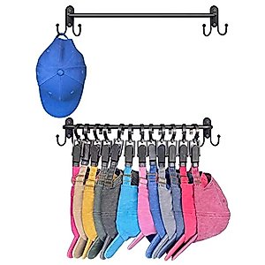 SDGINA Hat Racks for Baseball Caps, Hat Rack for Wall with 24 Clips and 8 Metal Wall Mounted Hooks, Great Hat Storage Hat Organizer for Baseball Caps, Hat Holder, Hat hanger for Closet Bedroom (Black)