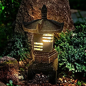 MIBUNG Solar Pagoda Lantern Outdoor Statue, Peaceful Pagoda Sculpture with Solar Lotus Light, Asian Decor Zen Garden Art Japanese Temple Pagoda Lamp for Patio Yard Lawn Home Decorations
