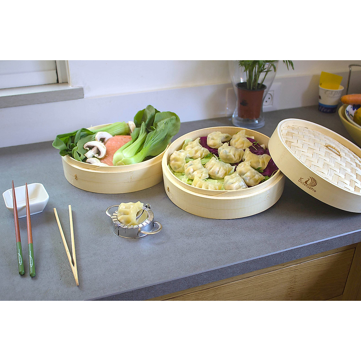 Bamboo Steamer for Cooking 10” -by DoSensePro Includes 2 Tiers, Stainless Steel Dumpling Maker, Liners, Ceramic Dish, and Bamboo Tongs. Dumpling Steamer Basket Cooker for Healthy Low-Fat Diet