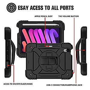 SUPNICE iPad Mini 6 Case (8.3 inch 2021 Release), iPad Mini 6th Generation Case, Shockproof Rugged Kids Case with [360 Rotating Stand] [2nd Pencil Holder] [Hand Strap] for iPad Mini 6th Gen 8.3-Black