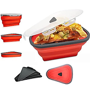 Extendable Pizza Slice Container Reusable Storage with 5 Microwavable Serving Trays BPA Free, Microwave & Dishwasher Safe Leftover to Organize Save Space, Red, Medium