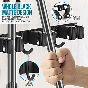 COOKCUTE Broom Holder Wall Mount, 5 Slots 4 Hooks Black Stainless Steel Broom Organizer Wall Mount Mop and Broom Holder Wall Mounted Heavy Duty, Broom Hanger Self Adhesive, Mop Holder Garage Shelving