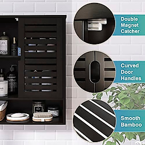 SMIBUY Bathroom Cabinet Wall Mounted, Bamboo Over-The-Toilet Storage Organizer, Space Saver Medicine Cabinet with 2 Door and Adjustable Shelves (Black)