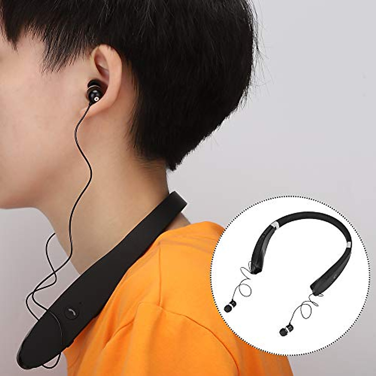 Neckband Headphones, Wireless Neckband Headset with Retractable Earbuds, Sports Sweat Proof Noise Cancelling Foldable Stereo Earphones Bluetooth Headphones with Mic(Black)