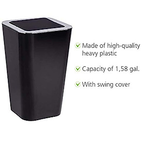 WENKO 22474100 Small Trash Can with Swing Top Lid, Mini Waste Basket, Stylish Garbage Bin for Bathroom, Bedroom, Kitchen, 1.6 Gallon, 7.1 x 11.2 x 7.1 in, Black, 6 L