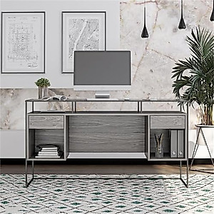 Ameriwood Home Camley Modern 2-Drawer Desk with Fluted Glass Top, Gray Oak