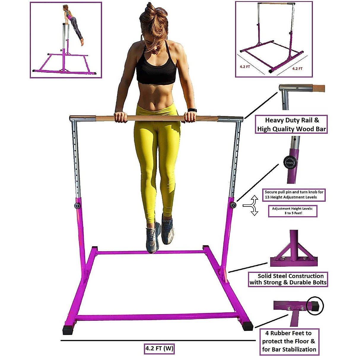 Athletic Bar Gymnastics Kip Bar Horizontal Bar Professional Junior Gymnastic Training High Bar Asymmetric Bar 13 Level Height Adjustable Expandable 3 to 5 FT Indoor Outdoor Use (Purple)