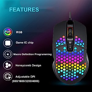 Lightweight Gaming Mouse, Honeycomb USB Wired Mouse with Backlight, 4000 DPI, RGB Computer Gaming Mouse for Mac, Laptop, PC (Black)