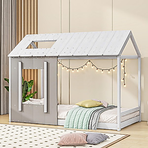 Harper & Bright Designs Twin Size House Bed, Wood Cabin Bed Frame with Roof and Window, Floor Bed for Kids Toddler Girls Boys (Antique Grey+Antique)