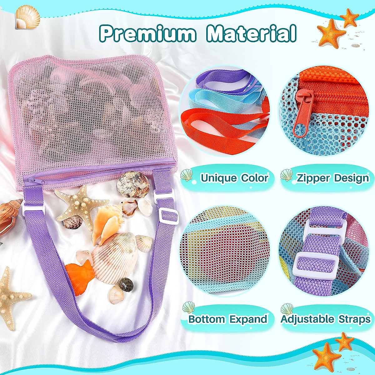 CLAPET Mesh Beach Bag for Kids Sand Toys, 3 Pack Shell Collecting Bag for Beach Toys Seashell Swimming Accessories for Boys Girls Toddler (Only Bags)