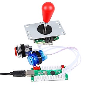 EG STARTS 2 Player Arcade Games DIY Kit Parts 2 Ellipse Oval Joystick Handles + 20 LED lit Arcade Buttons (Red & Blue Kit)