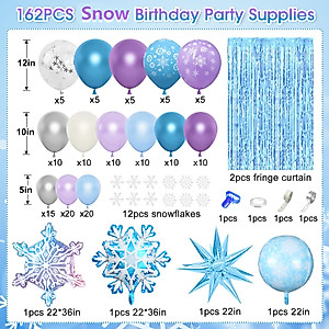 Amandir 162PCS Snow Birthday Party Supplies, Snow Balloon Garland Arch Kit Fringe Curtain Blue Purple Snowflake Foil Balloons Princess Winter Wonderland Girl Baby Froze Party Decorations