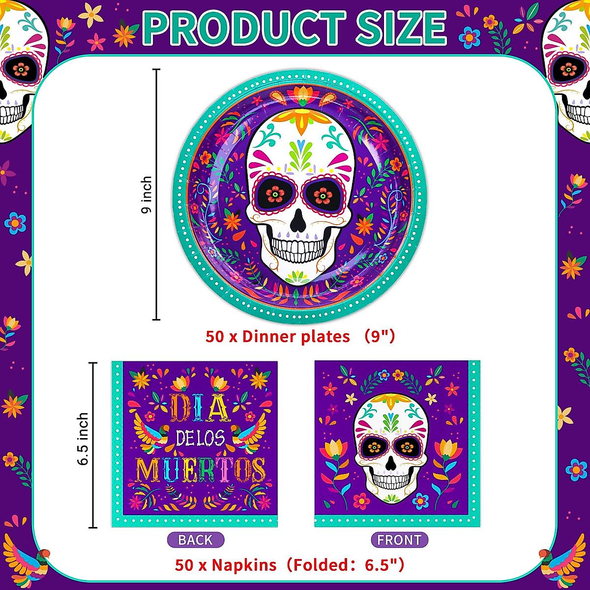 DYLIVeS Day of the Dead Plates and Napkins Party Supplies, Dia de Los Muertos Plates and Napkins Set Sugar Skull Disposable Dinnerware for Mexican Fiesta Carnival Halloween Party Decorations, Serve 50