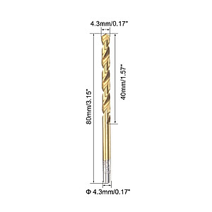 uxcell 4.3mm Drill Bits High Speed Steel Straight Shank 80mm Length Twist Drill Bit Fully Ground Titanium Coated 2 Pcs
