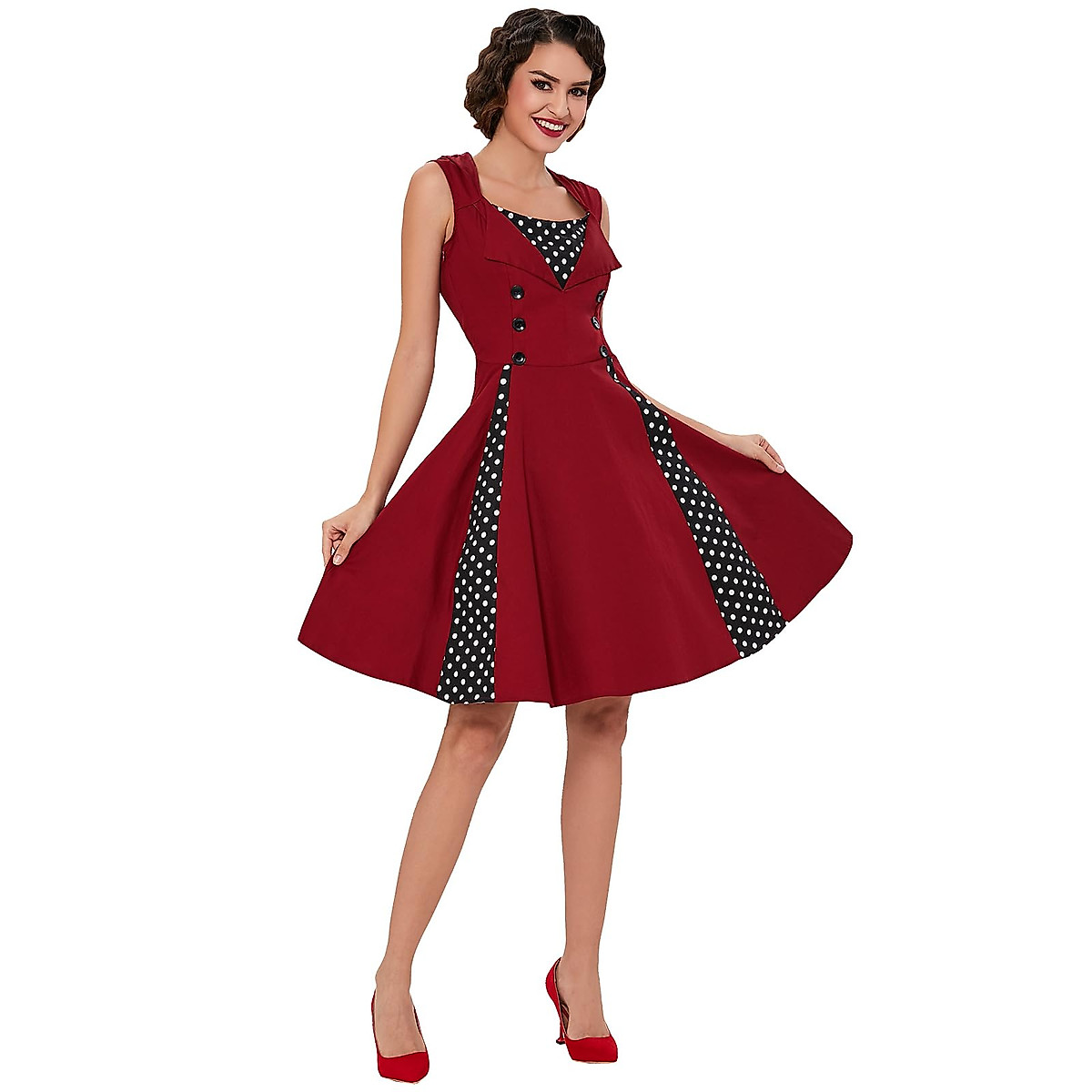 KILLREAL Women's Vintage Polka Dot Print A-Line Pin Up Style Sleeveless Cocktail Party Casual Dress Wine Red Medium