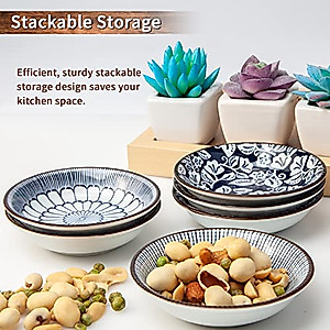 Eisinly Dipping Bowls, Soy Sauce Dish Ceramic, 3 OZ Small Serving Bowls for Side Dishes Vintage Blue Stylish Design, Set of 6 Mini Appetizer Plates for Condiment Sushi Ketchup BBQ Party, 4 Inch